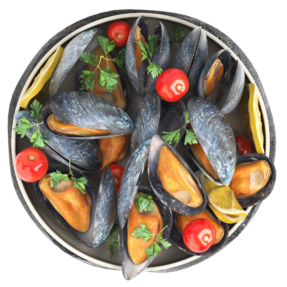 Plate Of Mussels With Lemon And Tomatoes 3D Model for VRay, Corona | CGMood