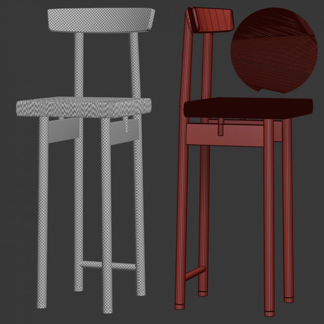 Rattan Wooden Bar Stool - 3D Model for Corona