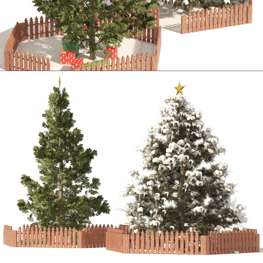 2 Outdoor Christmas Trees With Wood Fence 3D Model for VRay, Corona ...