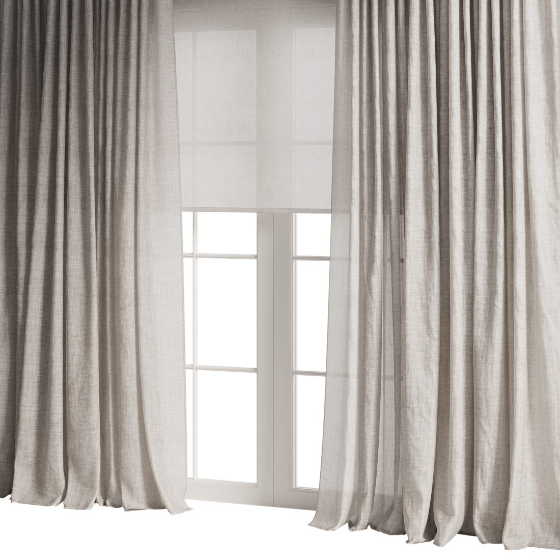 Pinch Pleat Linen Curtain With Roller Blind 3D Model for VRay, Corona ...