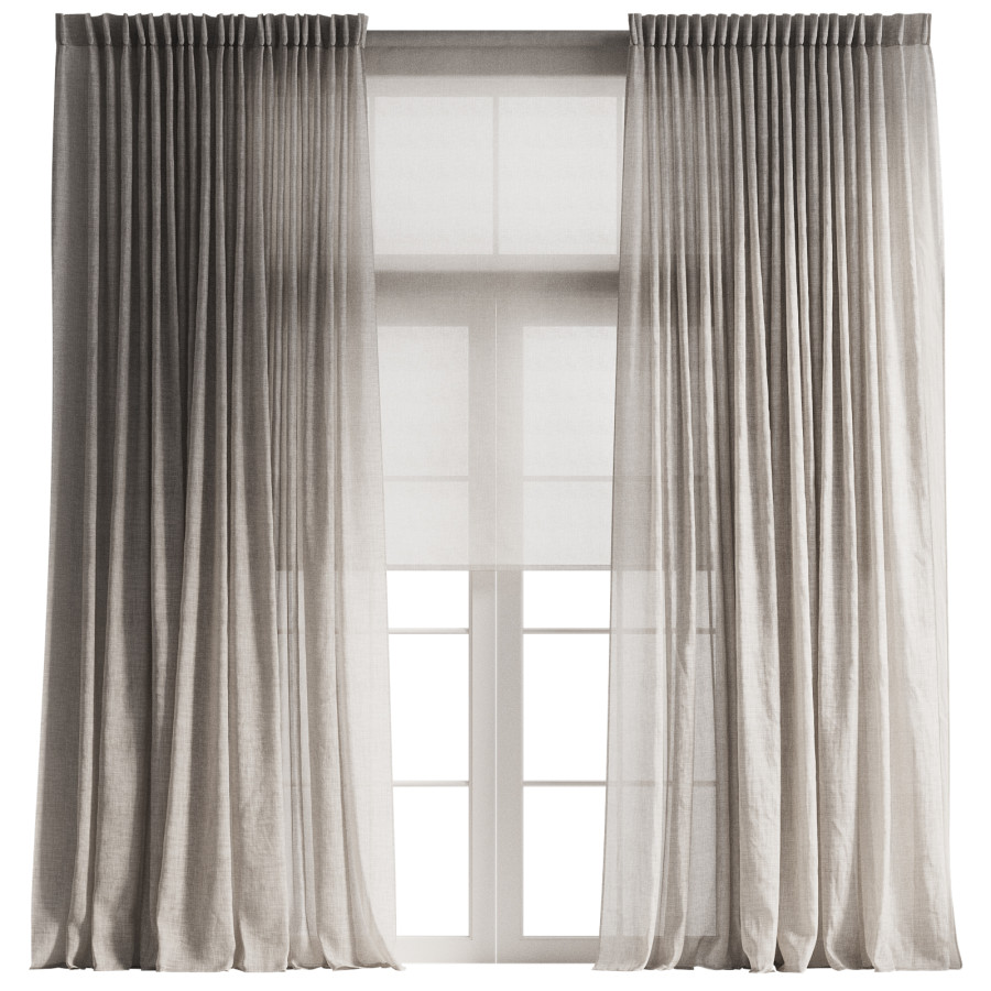 Pinch Pleat Linen Curtain With Roller Blind 3D Model for VRay, Corona ...