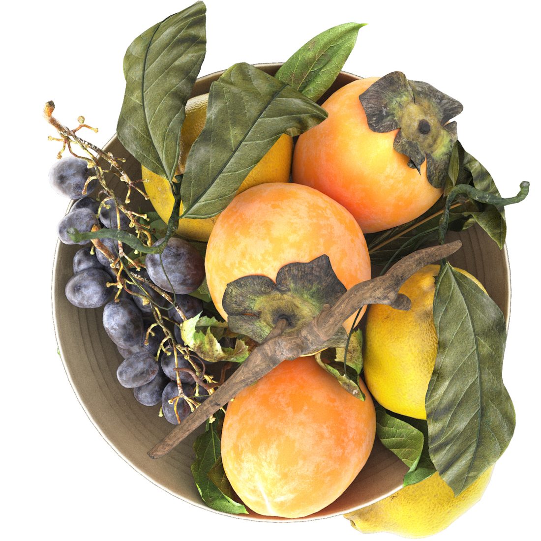 Bowl Of Tropical Persimmon Grapes And Lemons Fruit - 3D Model for VRay ...