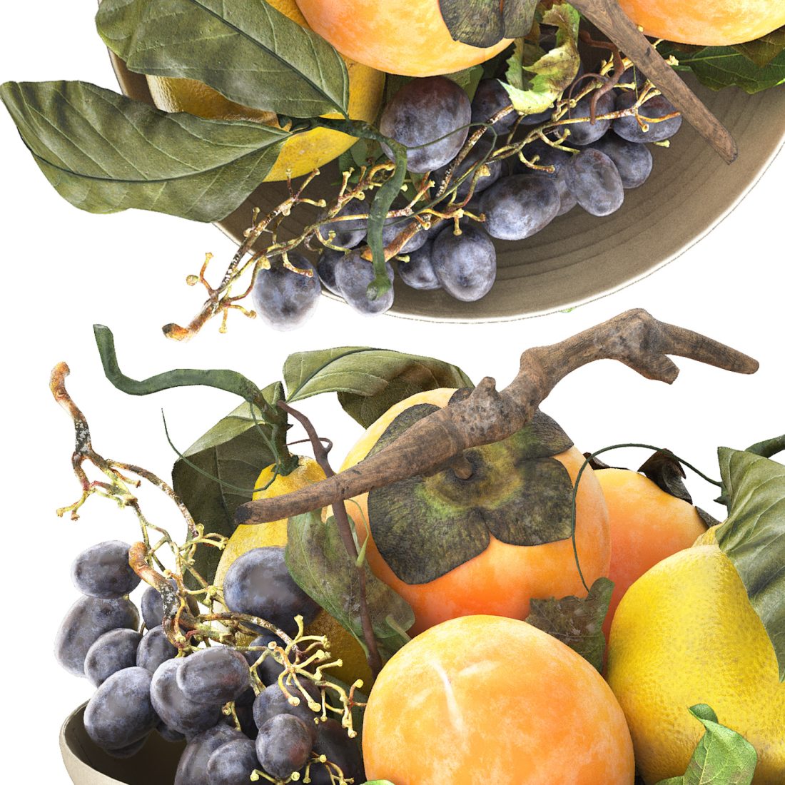 Bowl Of Tropical Persimmon Grapes And Lemons Fruit - 3D Model for VRay ...