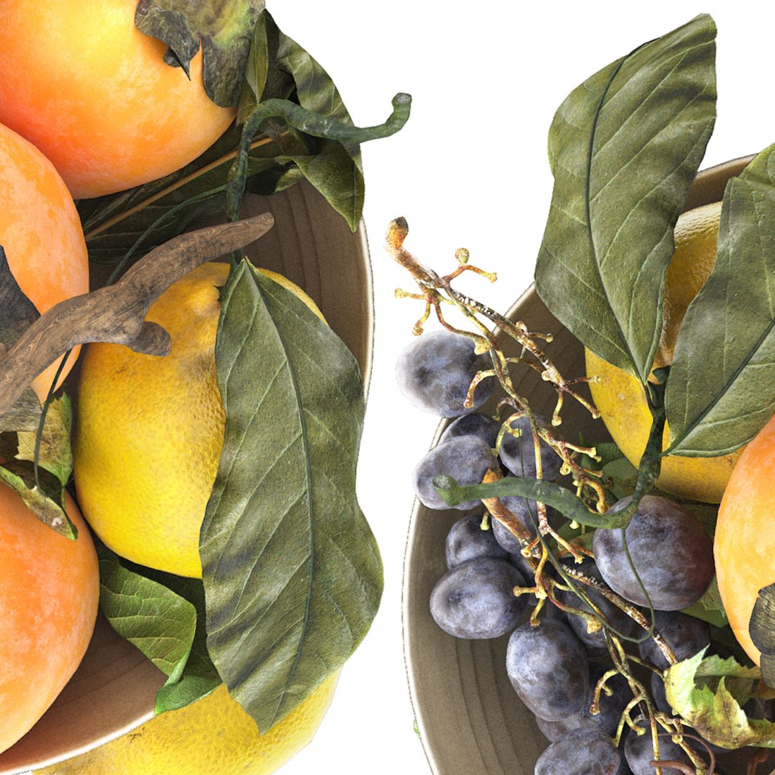 Bowl Of Tropical Persimmon Grapes And Lemons Fruit - 3D Model for VRay ...