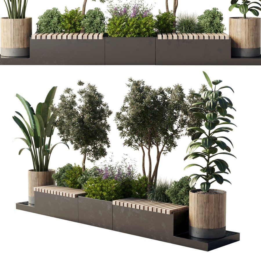 Urban Environment Urban Furniture Green Benches - 3D Model for VRay, Corona